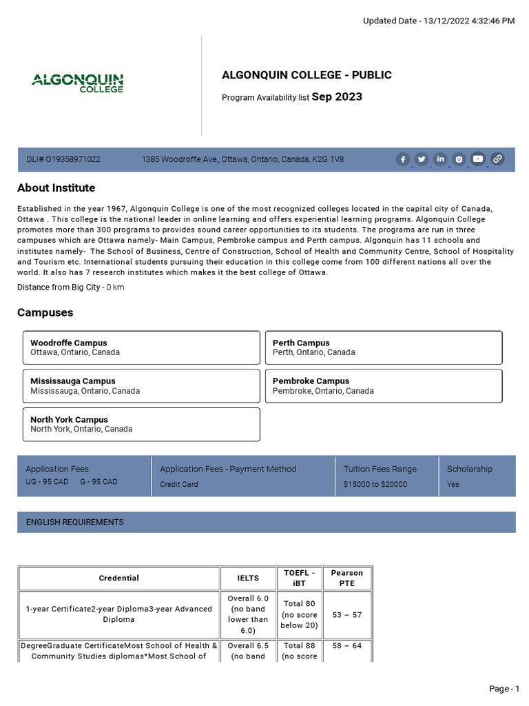 Algonquin College Pdf University And College Admission Academic