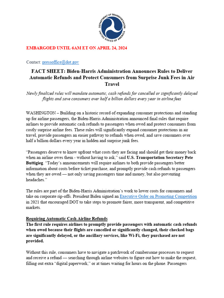 Fact Sheet On Airline Consumer Protection Rules | PDF | Fee | Credit Card