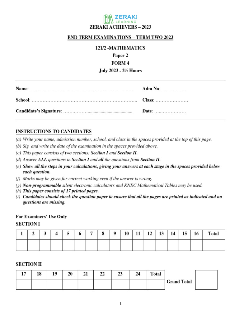 Form 4 Mathematics Exam Paper 2023 | PDF | Circle | Area