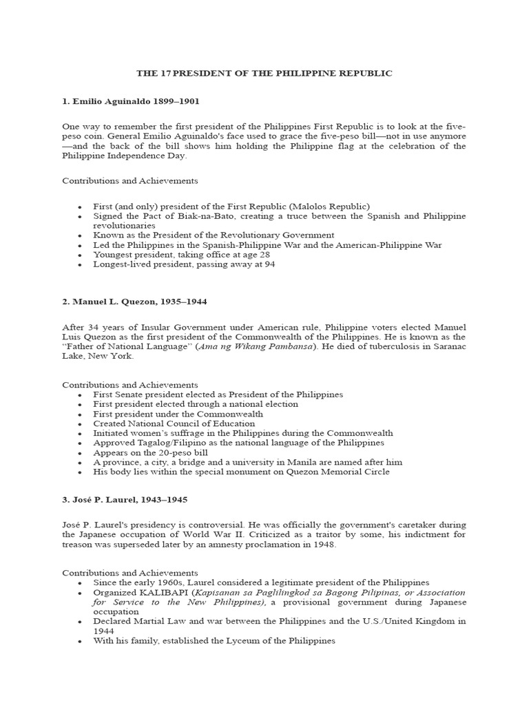 List of 17 Philippine Presidents | PDF | President Of The Philippines ...