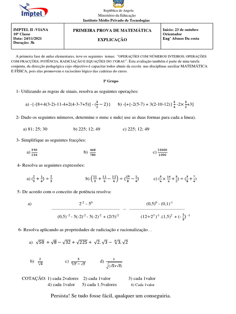 Prova Explicação de Matemática | PDF | Matemática