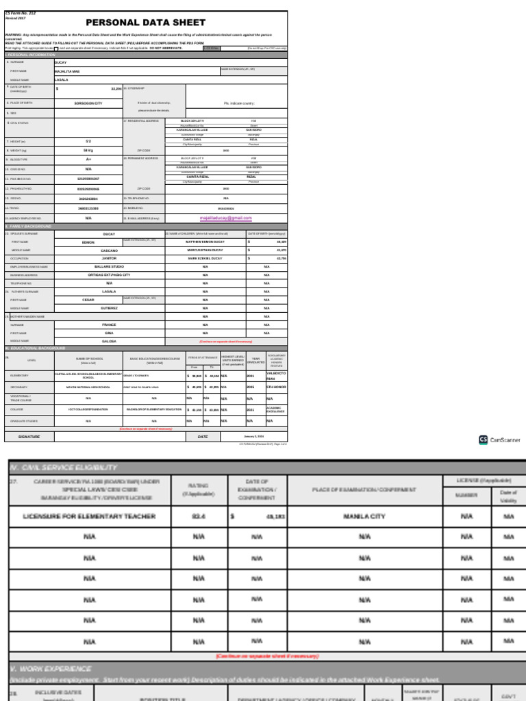 CS Form No. 212 Personal Data Sheet Revised MAE DUCAY111 | PDF
