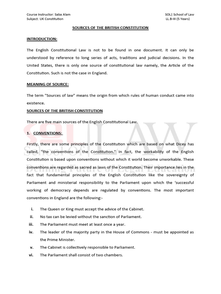 Sources of The British Constitution | PDF | Constitution Of The United ...