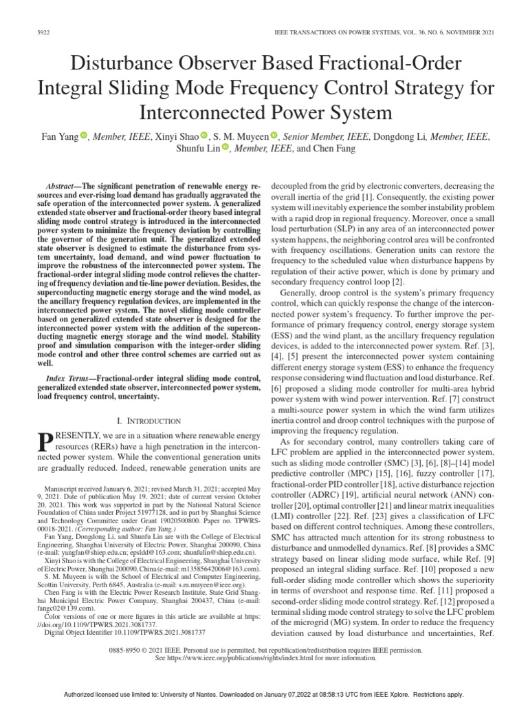 Disturbance Observer Based Fractional Order Integral Sliding Mode Frequency Control Strategy For