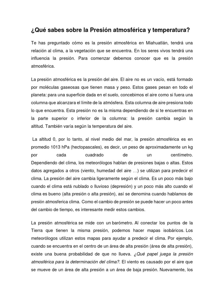 Qué sabes sobre la Presión atmosférica y temperatura | PDF | Presión ...