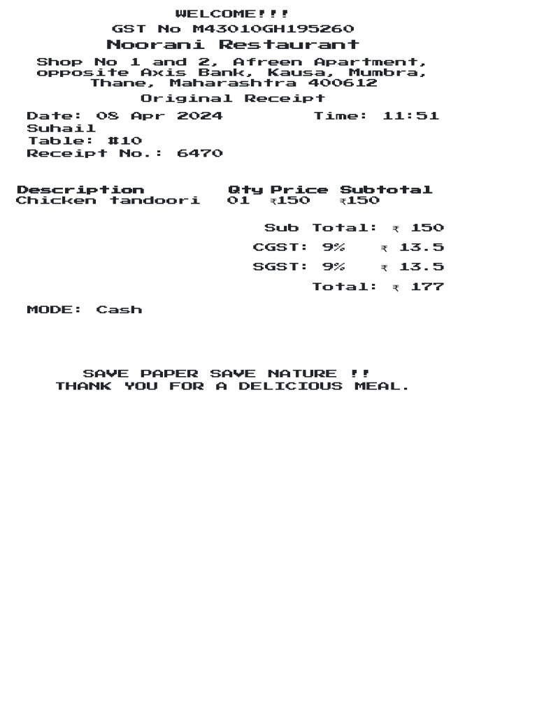 Noorani Restaurant GST Bill Receipt | PDF | Cooking, Food & Wine