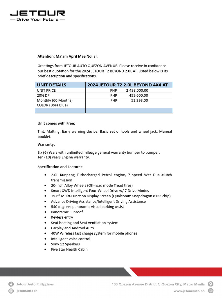Unit Details 2024 Jetour T2 2.0L Beyond 4X4 At: Attention: Ma'am April ...