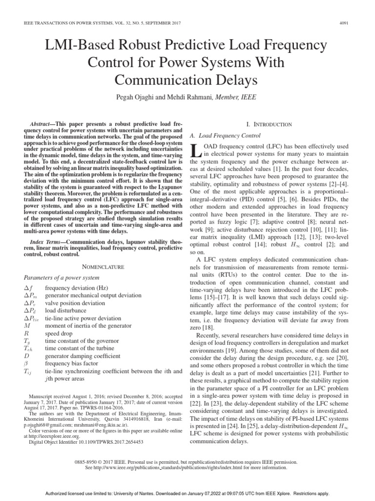 LMI-Based Robust Predictive Load Frequency Control For Power Systems With Communication Delays ...