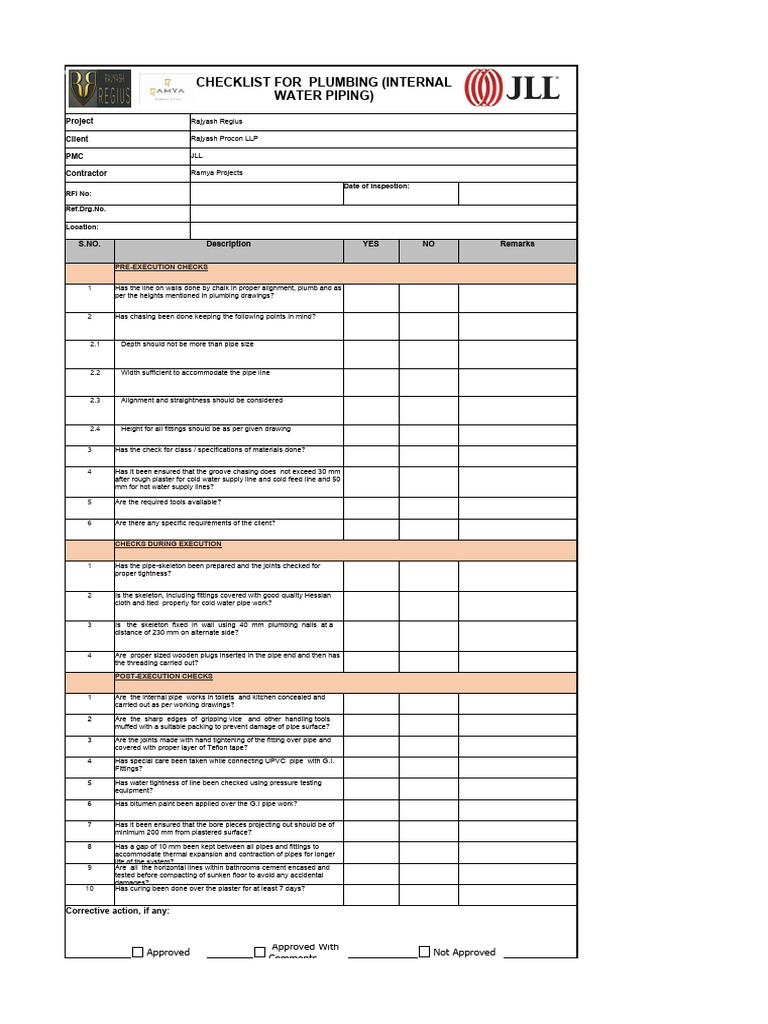 Plumbing Inspection Checklist by JLL | PDF | Plumbing | Pipe (Fluid ...