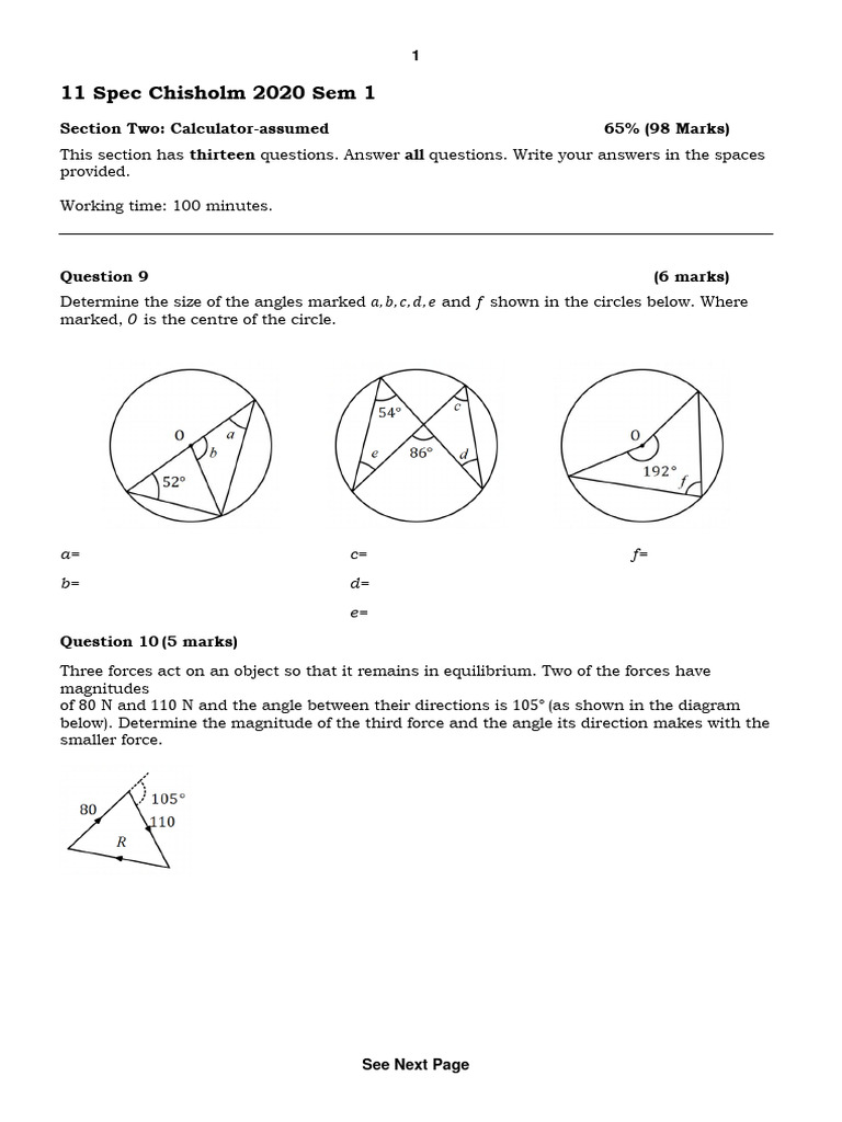 11 Spec Chisholm 2020 Sem 1 Exam Calc. Assumed (Condensed) | PDF | Circle | Geometry