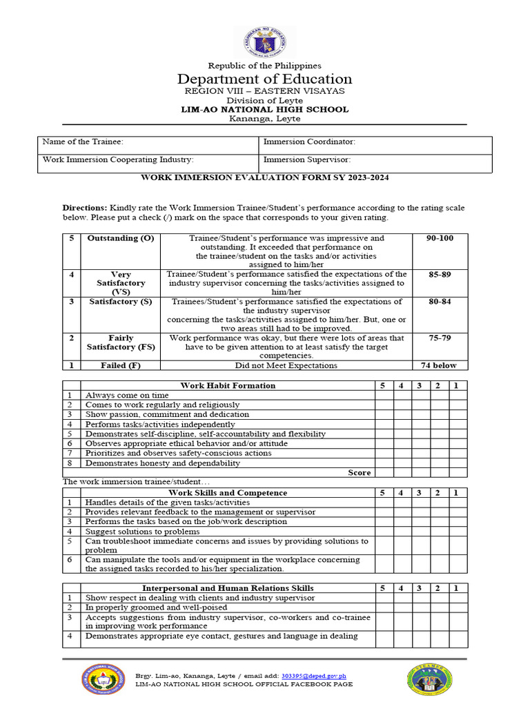 Work Immersion Evaluation Form 2023-2024 | PDF | Social Psychology ...