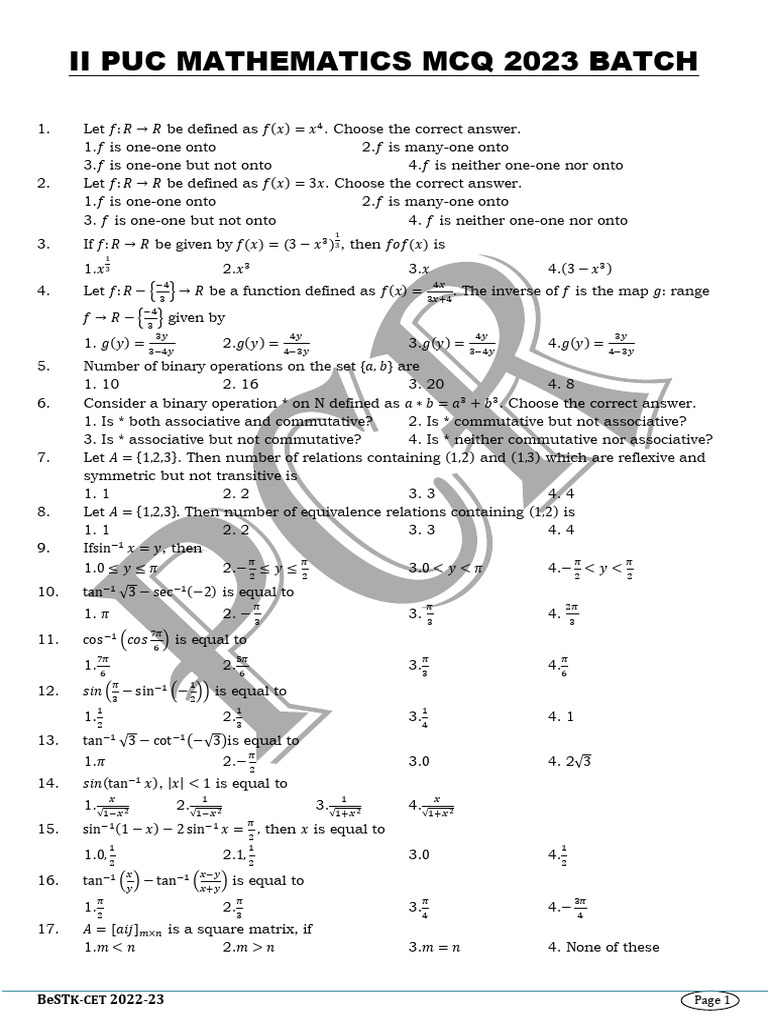 PCR Maths 120 Bits For II Puc 2023 Batch 1 | PDF | Matrix (Mathematics ...