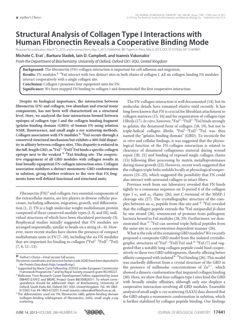 Structural Analysis of Collagen Type I Interactions with Human Fibronectin Reveals a Cooperative ...