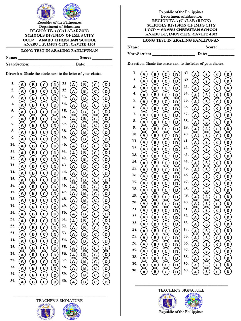 Bubble Sheet Long Test | PDF | Philippines
