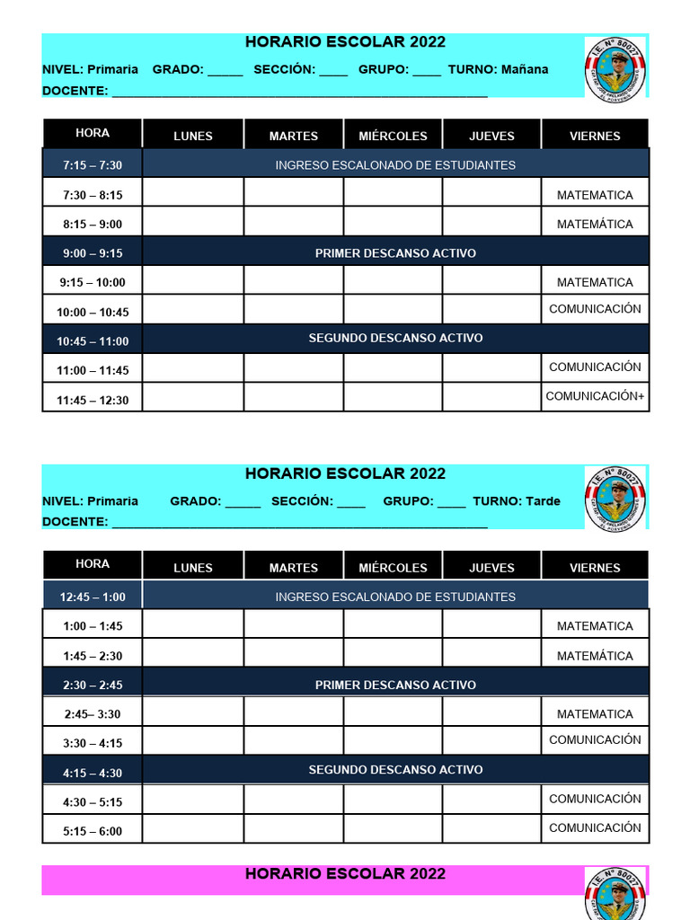 Horario Escolar y Descansos Activos | PDF