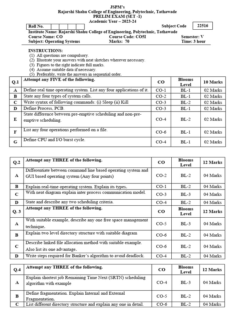 OSY Prelim Question Paper | PDF | Operating System | Scheduling (Computing)