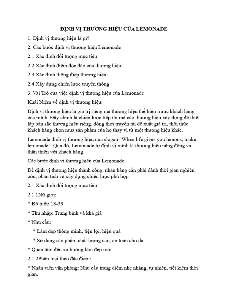 ĐỊNH VỊ THƯƠNG HIỆU CỦA LEMONADE | PDF