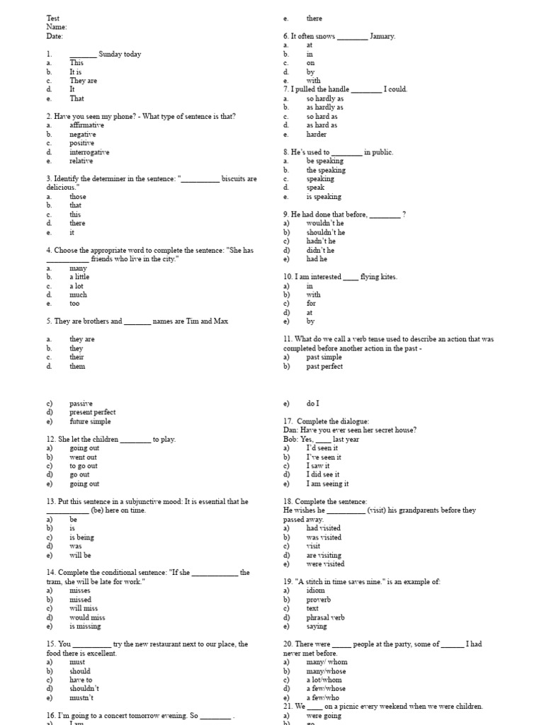English Test | PDF | Linguistics | Grammar