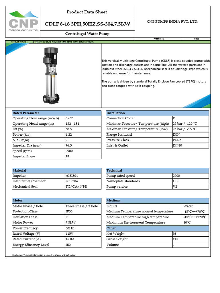 CNP CDLF 3-Phase Pump Specifications | PDF | Pump | Energy Technology
