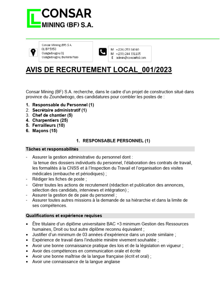 Avis de Recrutement Local Consar | PDF | Recrutement | Secrétaire