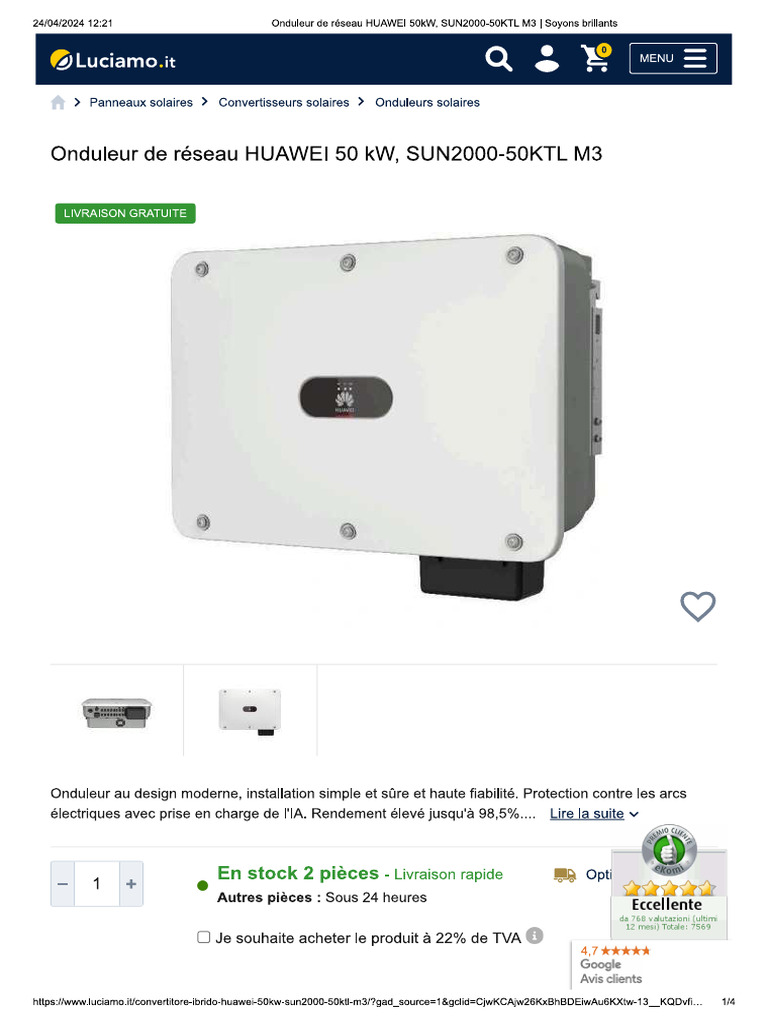 Onduleur de Réseau HUAWEI 50kW, SUN2000-50KTL M3 - Soyons Brillants ...