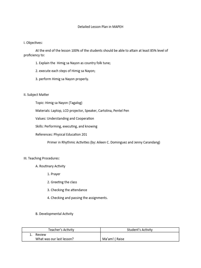 Himig sa Nayon Folk Dance Lesson Plan | PDF | Dances | Lesson Plan