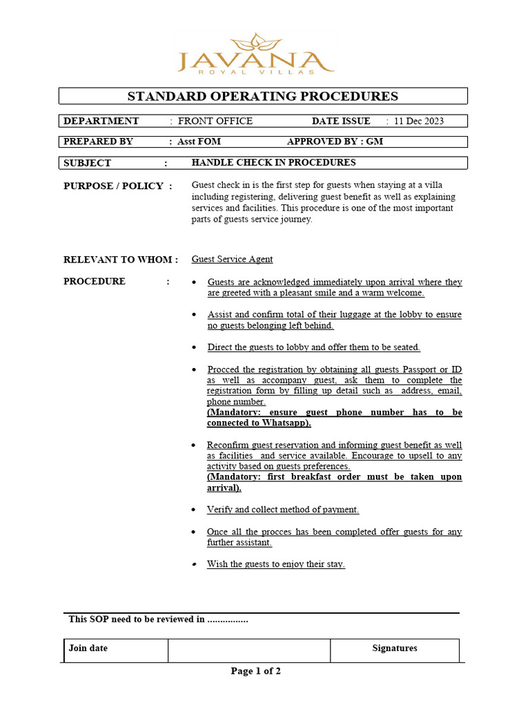 FO-SOP-Handling Check in | PDF