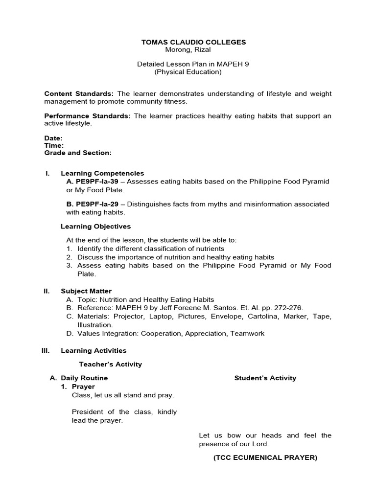 Sample Lesson Plan | PDF | Nutrition | Diet & Nutrition