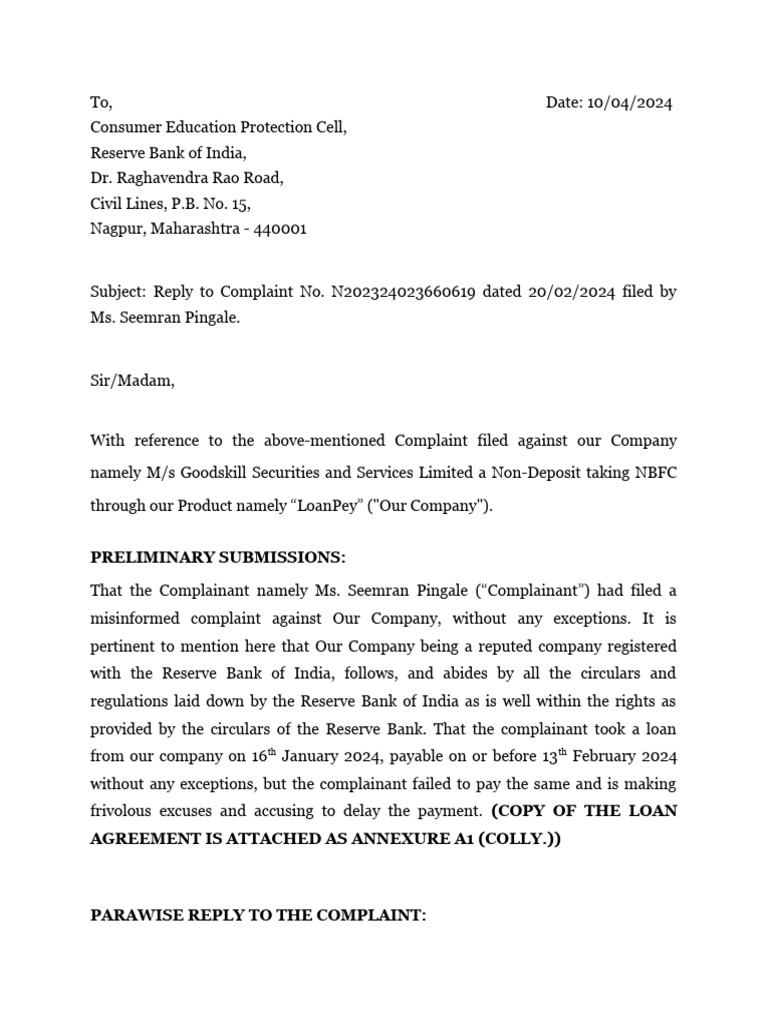 Response to RBI Complaint by Goodskill | PDF | Loans | Reserve Bank Of ...