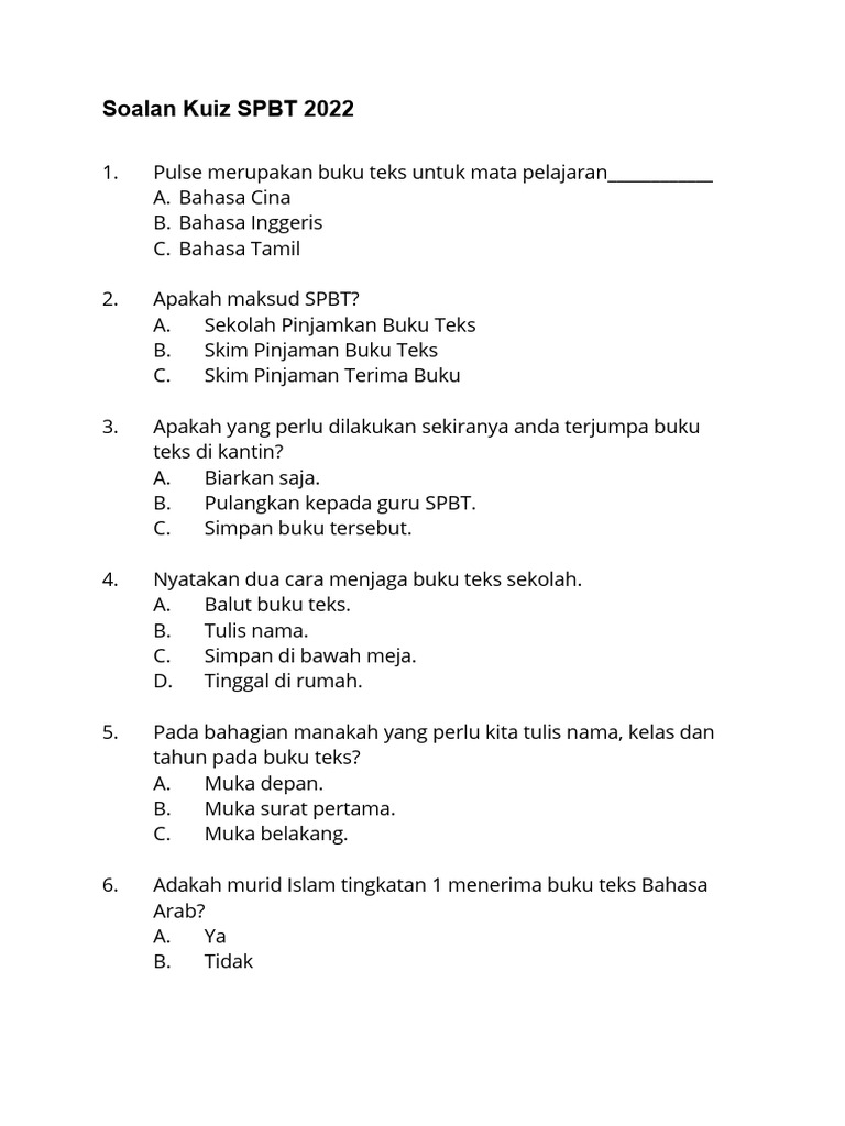 Soalan Kuiz SPBT 2022 | PDF