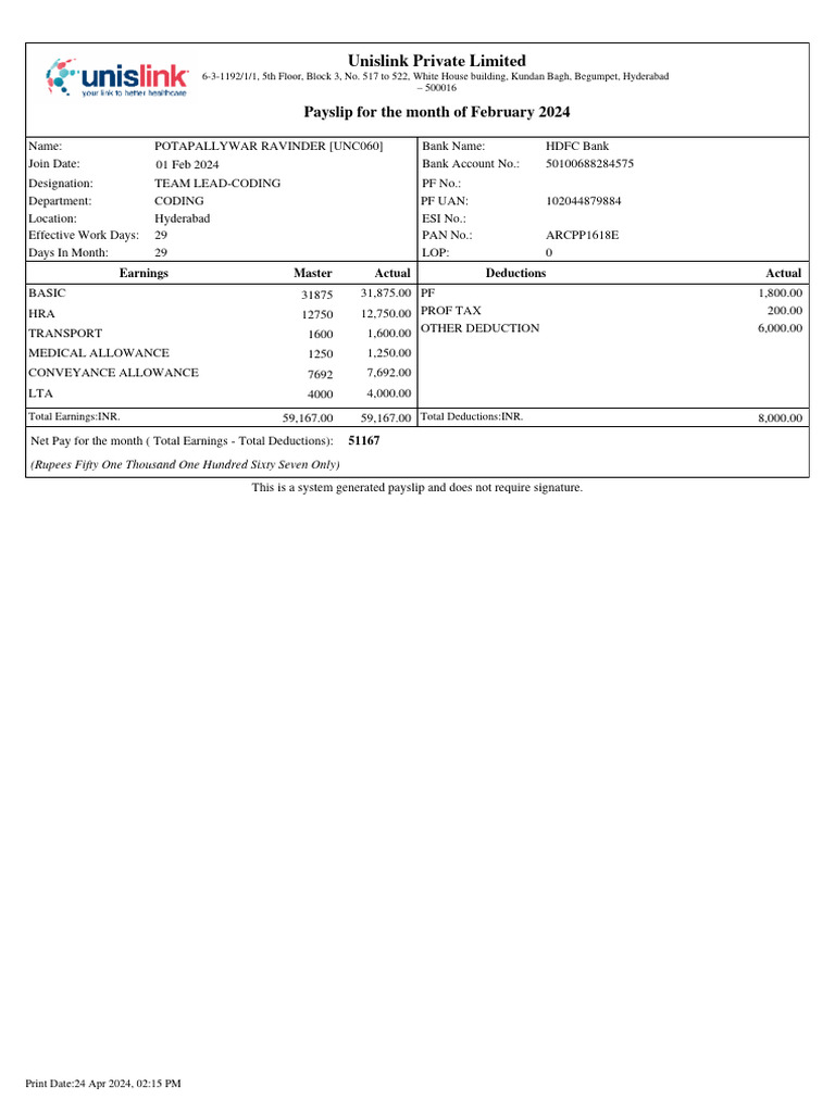 Potapallywar Ravinder (Unc060) - Payslip | PDF