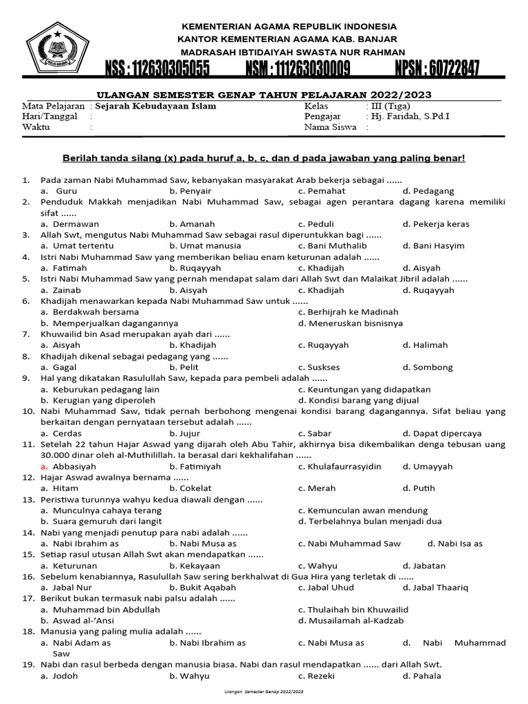 Soal Pat Ski Kelas 3 Tp. 22-23 | PDF