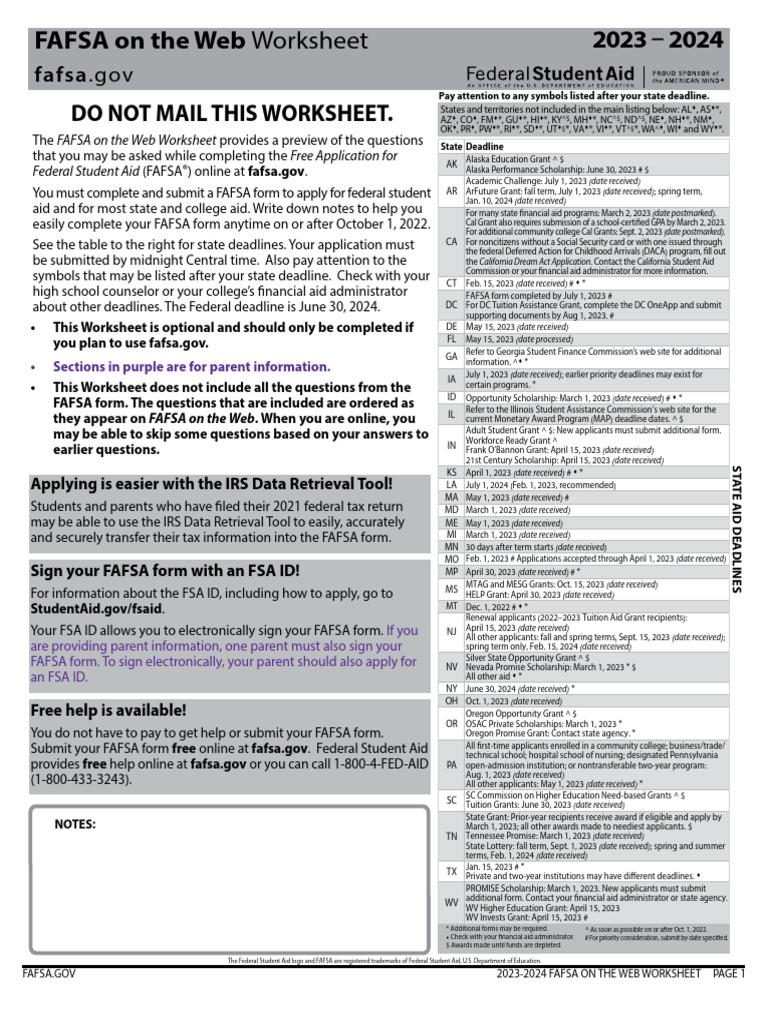 2023 24 Fafsa Worksheet | PDF | Irs Tax Forms | Individual Retirement ...