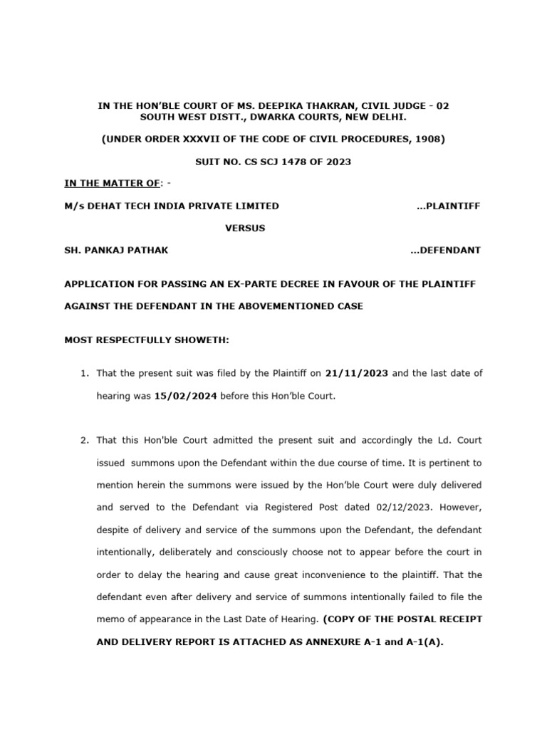 Application For Passing of Decree - Pankaj Pathak | PDF | Lawsuit | Summons