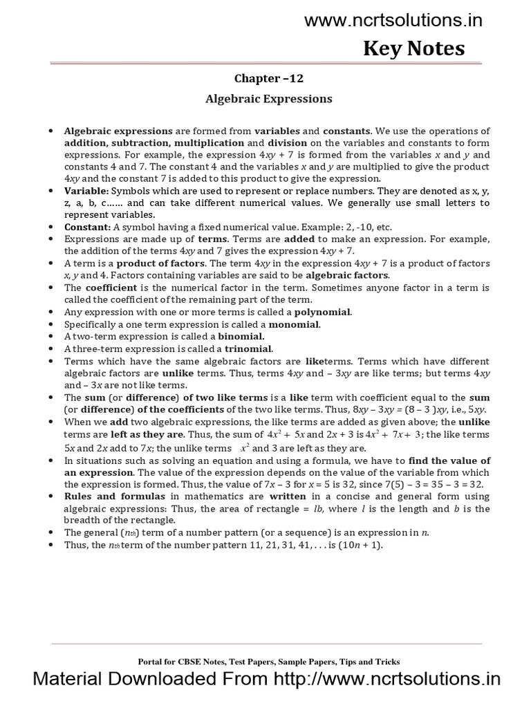 07 Maths Key Notes ch12 Algebraic Expressions | PDF | Variable ...