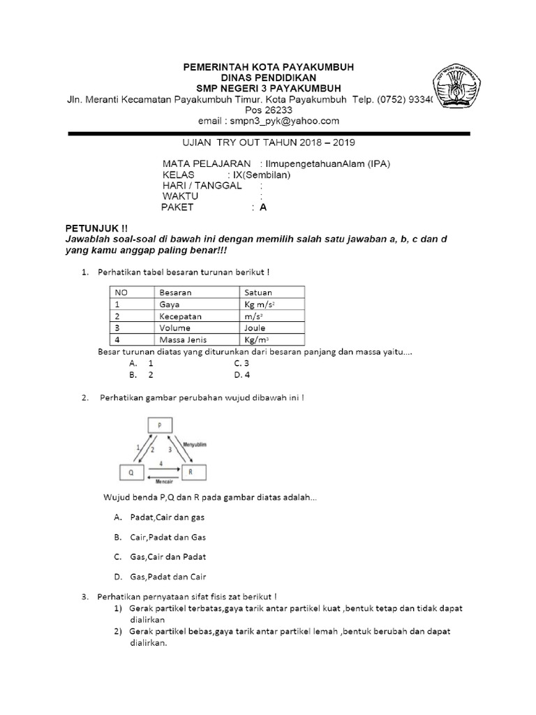 Latihan 1 Soal Ujian Sekolah IPA - IPA | PDF