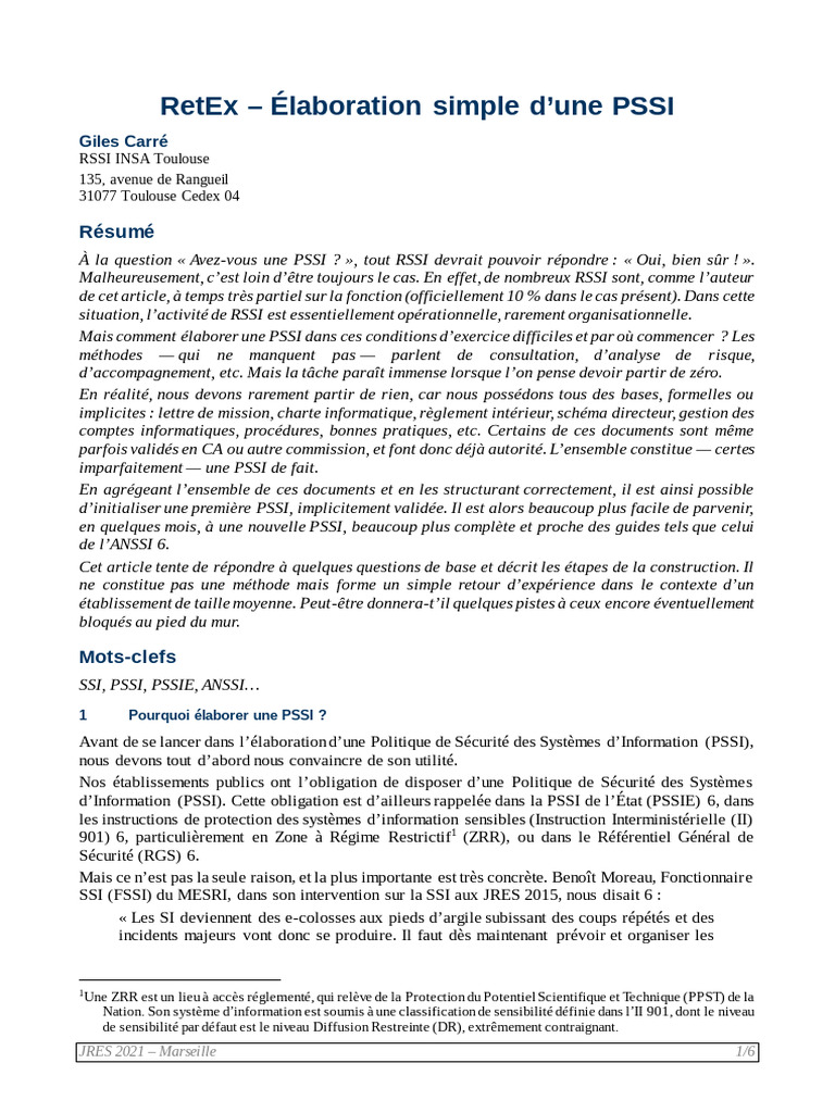 Élaboration d'une PSSI opérationnelle | PDF | Sécurité des systèmes d ...