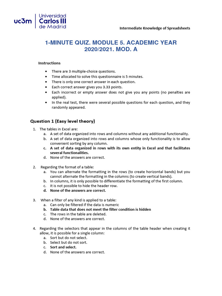 Intermediate Spreadsheet Quiz 2021 | PDF | Computing