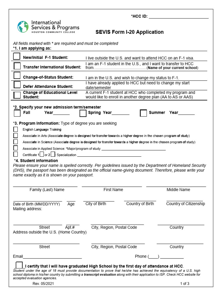 SEVIS I 20 Application (Revised - 05.2021) | PDF