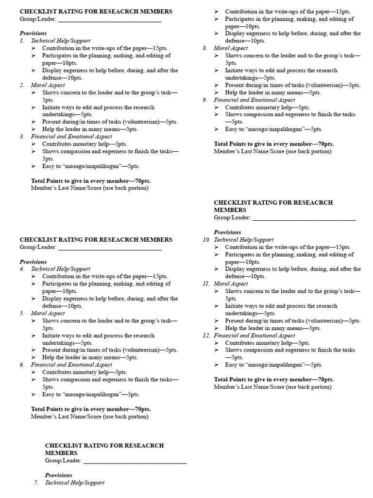 Research Member Rating Checklist | PDF | Psychology | Social Psychology
