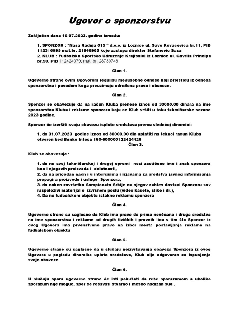 Ugovor o Sponzorstvu Kluba | PDF