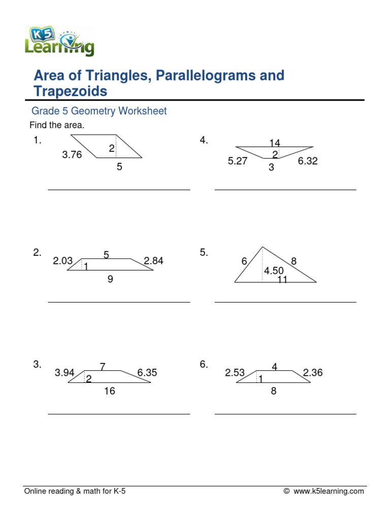 Grade 5 Area of Triangles Parallelograms Trapezoids A | PDF