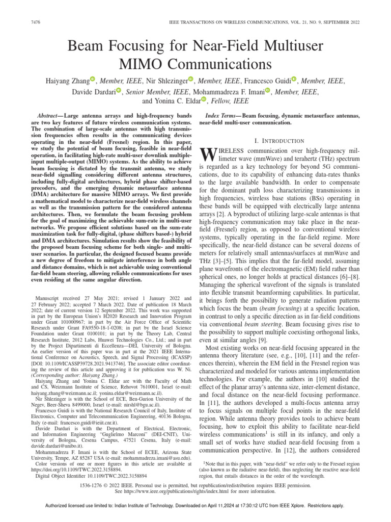 Beam Focusing For Near-Field Multiuser MIMO Communications | PDF | Mimo | Antenna (Radio)