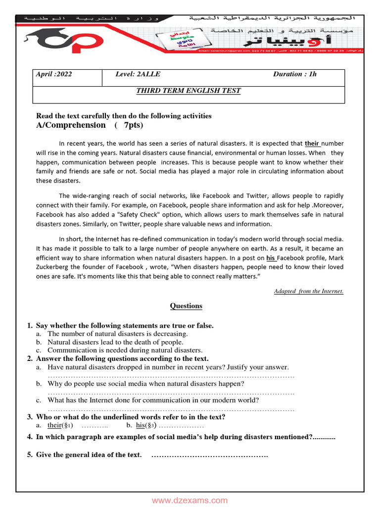 dzexams-2as-anglais-963765 | PDF | Facebook | Social Media