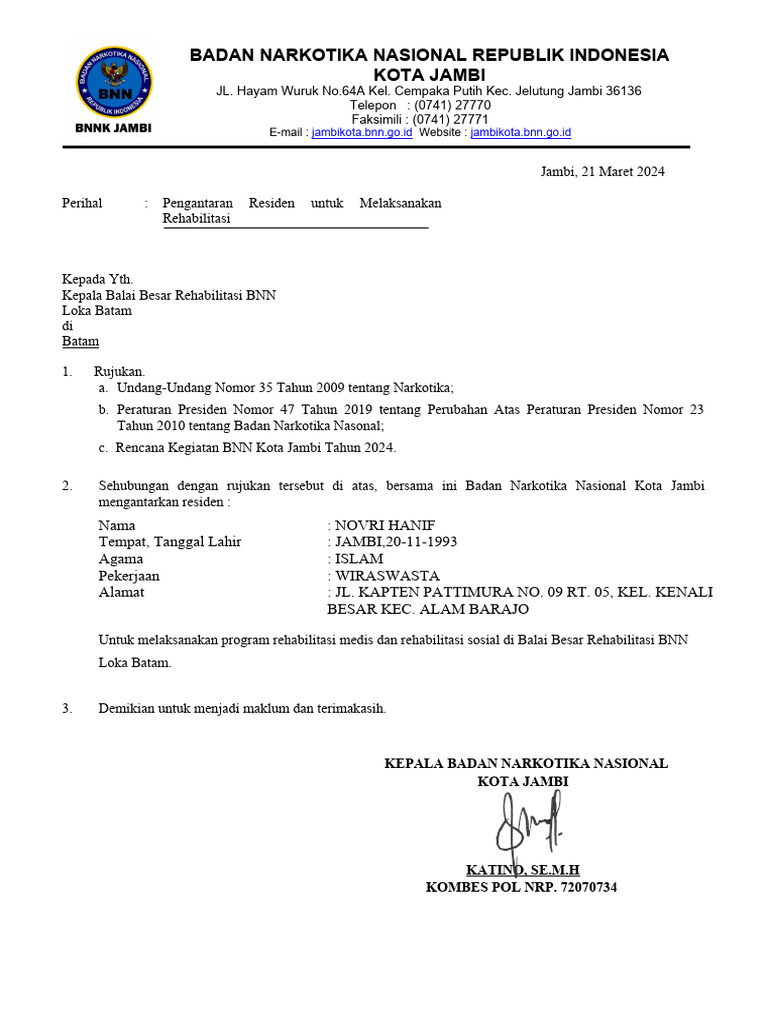 Pengantaran Residen Rehabilitasi BNN Jambi | PDF