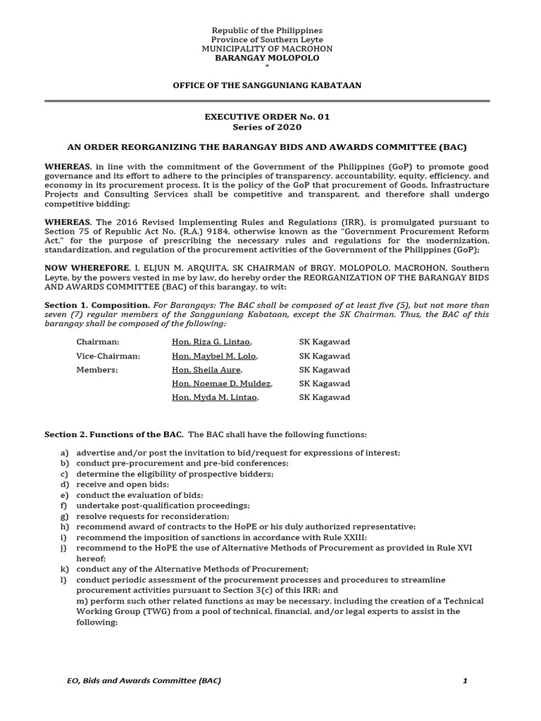 EXECUTIVE ORDER NO. 1 - BAC reFORMULATION | PDF | Government | Governance