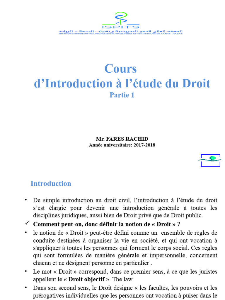 Cours Introduction Au Droit ISPITS FARES RACHID | PDF | Loi | Gouvernement