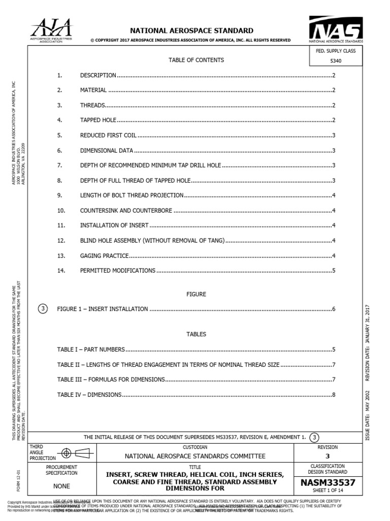 NASM33537 - Insert, Screw Thread, Helical Coil | PDF | Screw | Cutting ...
