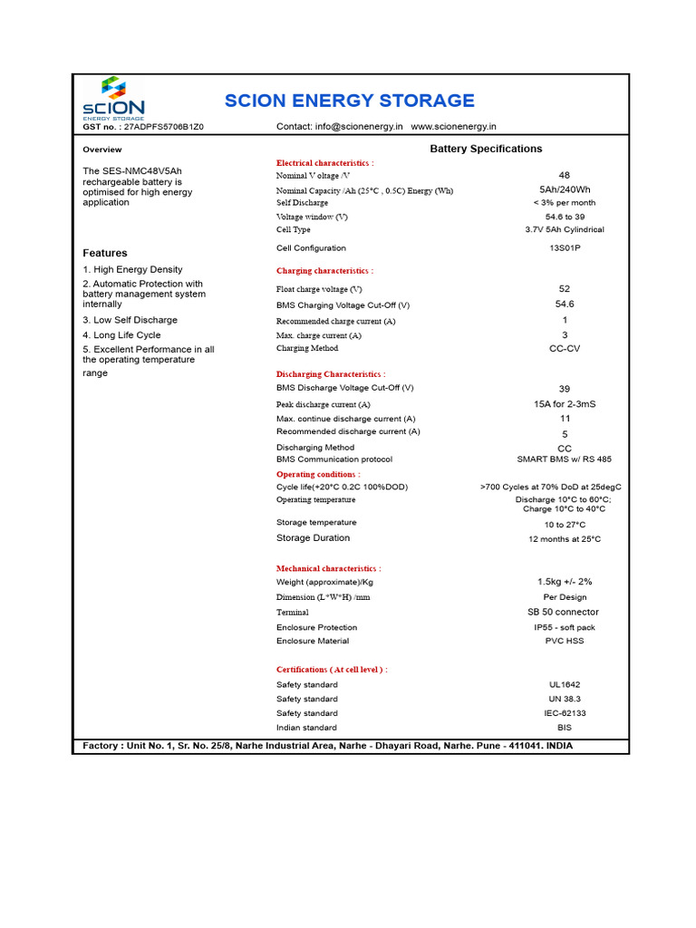SES 48V 5ah - Datasheet - NMC | Download Free PDF | Rechargeable ...