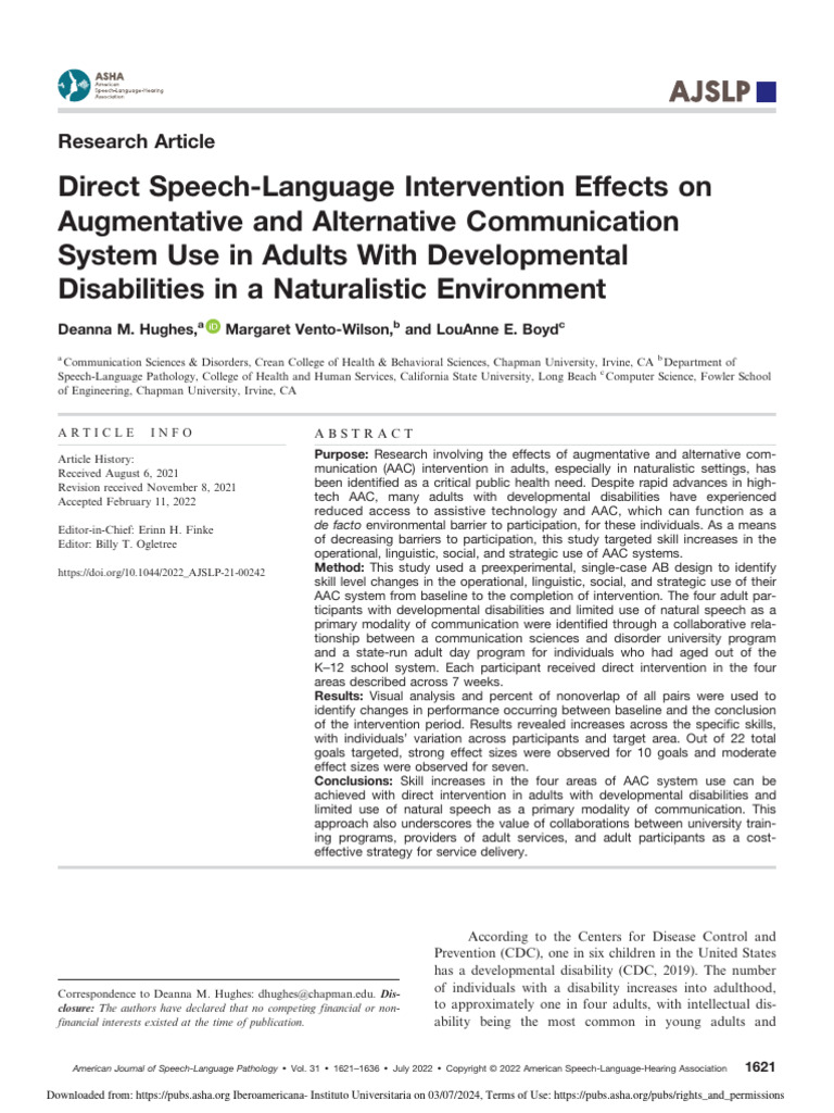 Hughes Et Al 2022 Direct Speech Language Intervention Effects On Augmentative and Alternative ...
